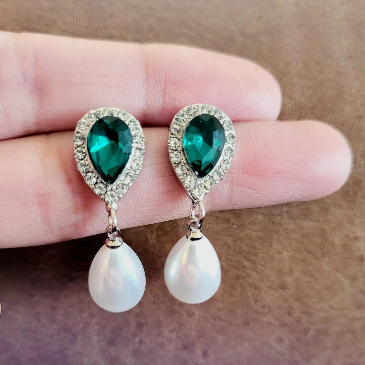 Emerald Green pearl drop dangle earrings Size: 4cm... - Depop
