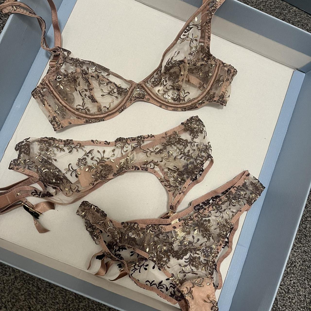 Beautiful metallic myla set bra 32b, suspenders... - Depop