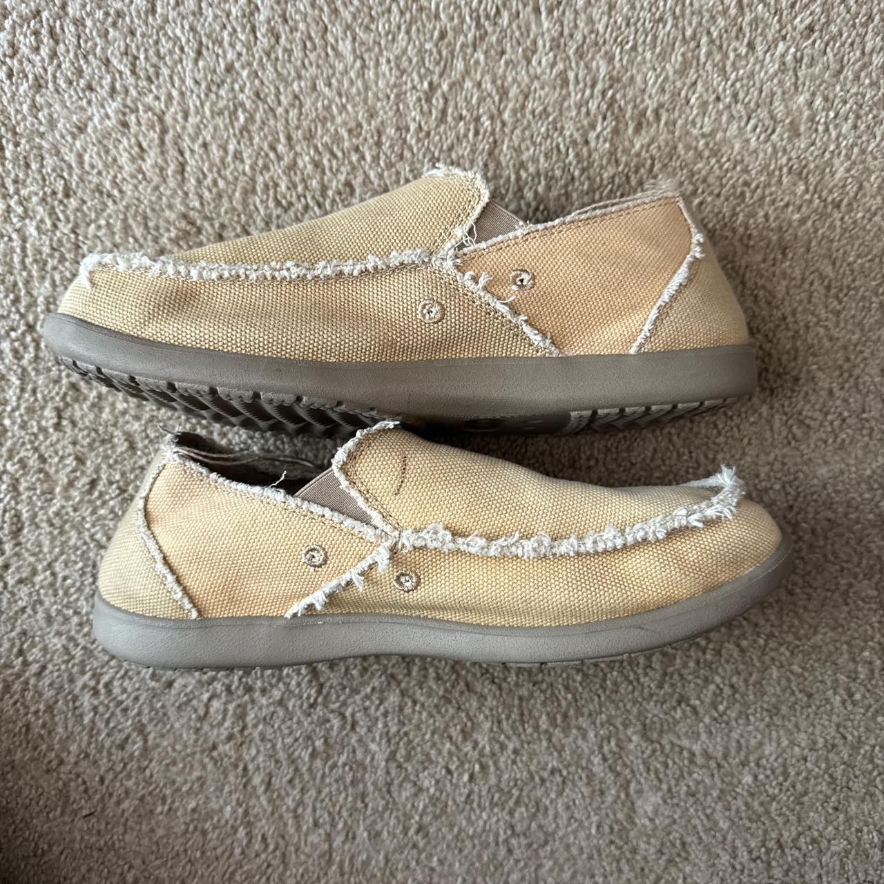 Tan and cream canvas slip-on Crocs shoes with a boho... | Depop