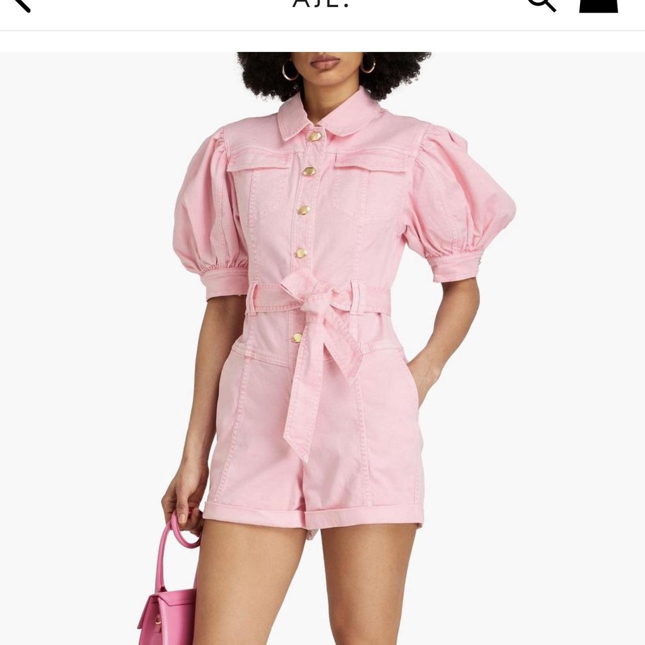 Aje pink puff sleeve playsuit with gold button... | Depop