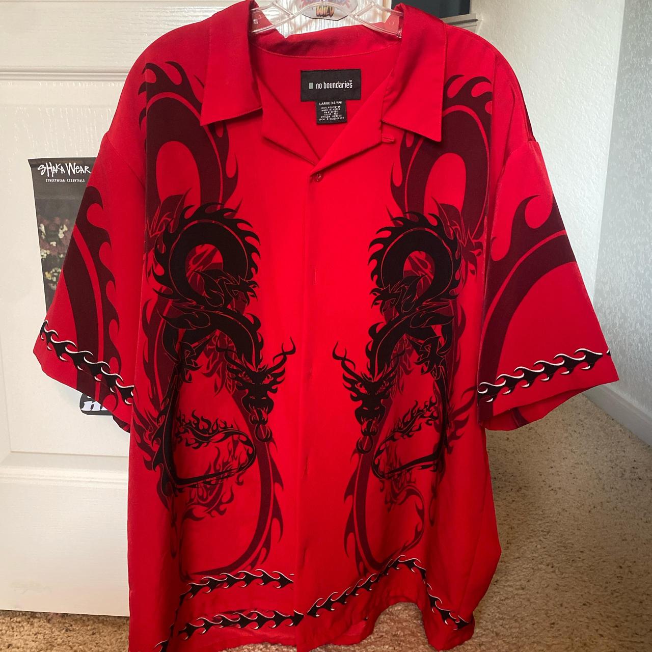 Red and black dragon button up shirt - Depop