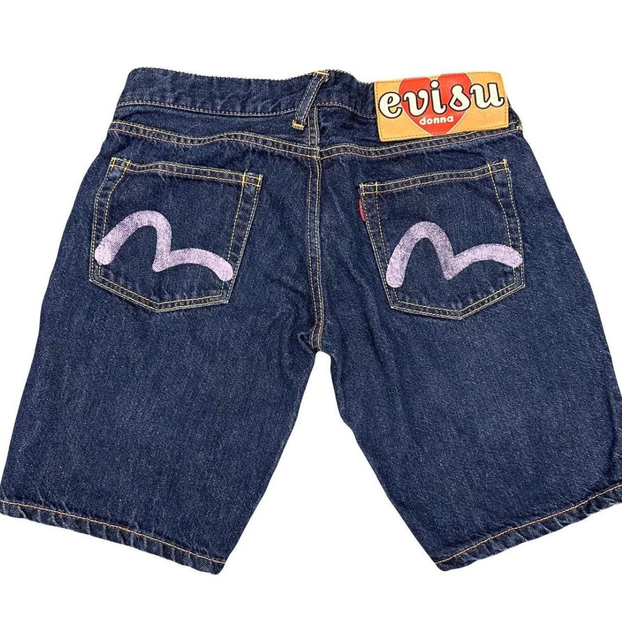 Authentic Evisu denim jorts with double purple... - Depop