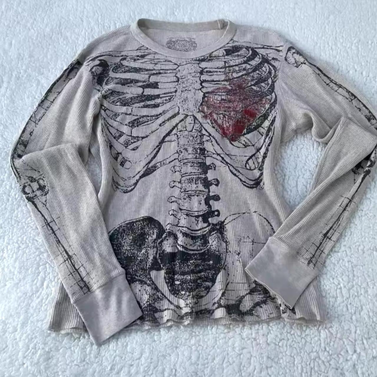 Grey and black ribbed skeleton long sleeve shirt... - Depop