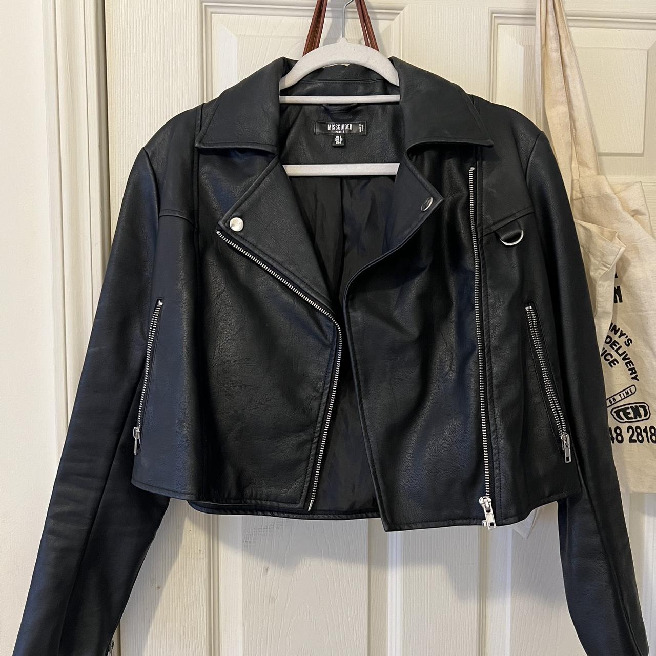 missguided black leather cropped jacket excellent... - Depop
