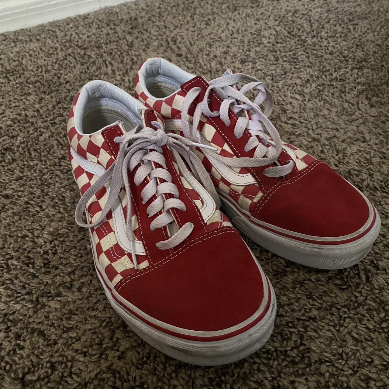 Red and white checkered Vans shoes - Depop