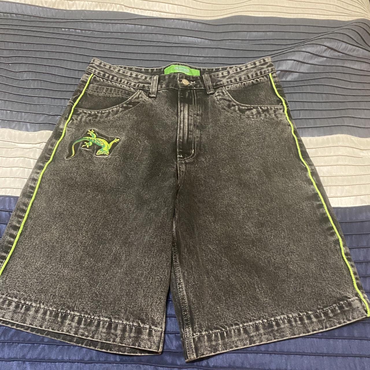 Black and green embroidered lizard skater shorts... | Depop