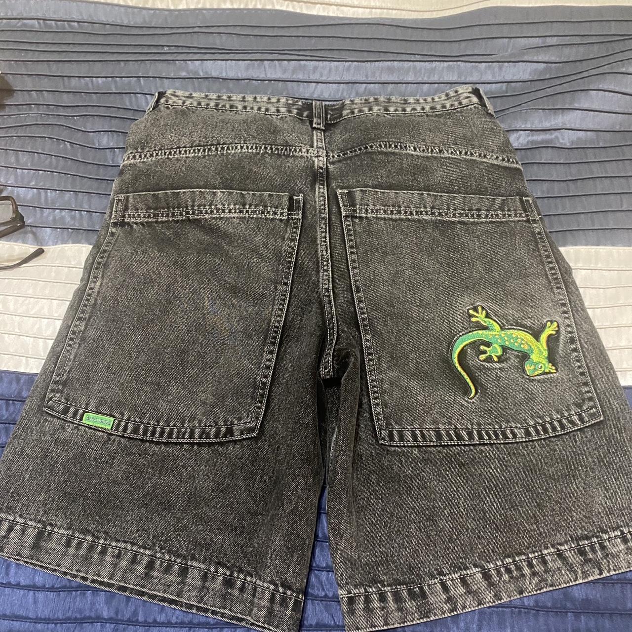 Black and green embroidered lizard skater shorts... | Depop