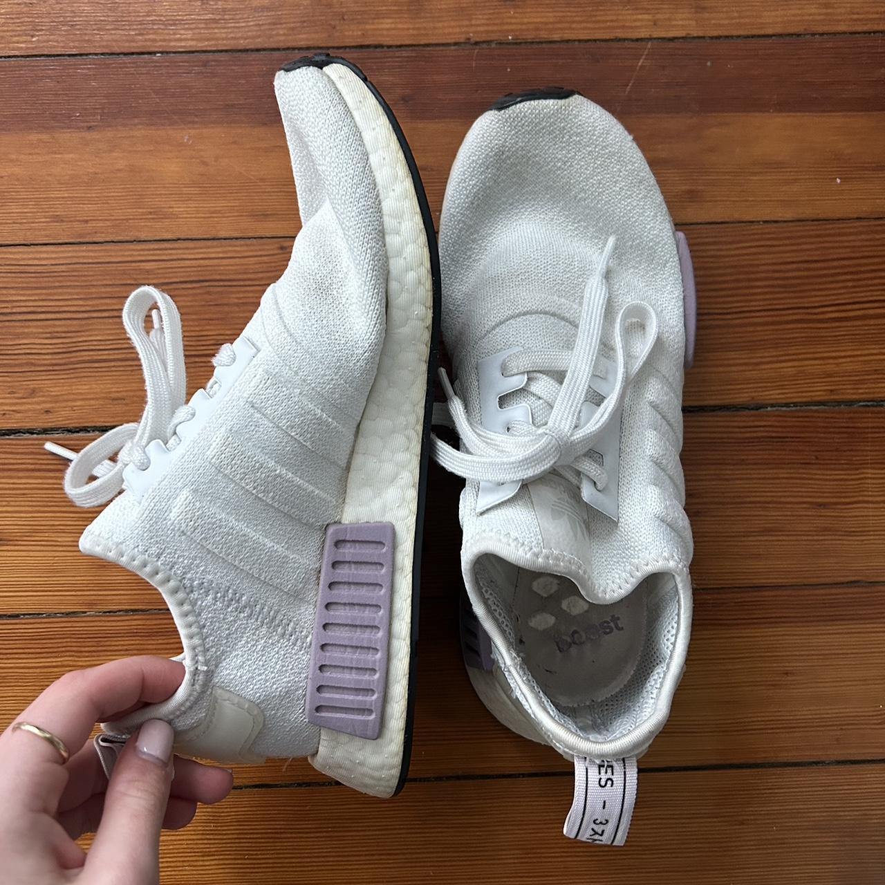 Purple and white adidas NMDs, lightly worn but... - Depop