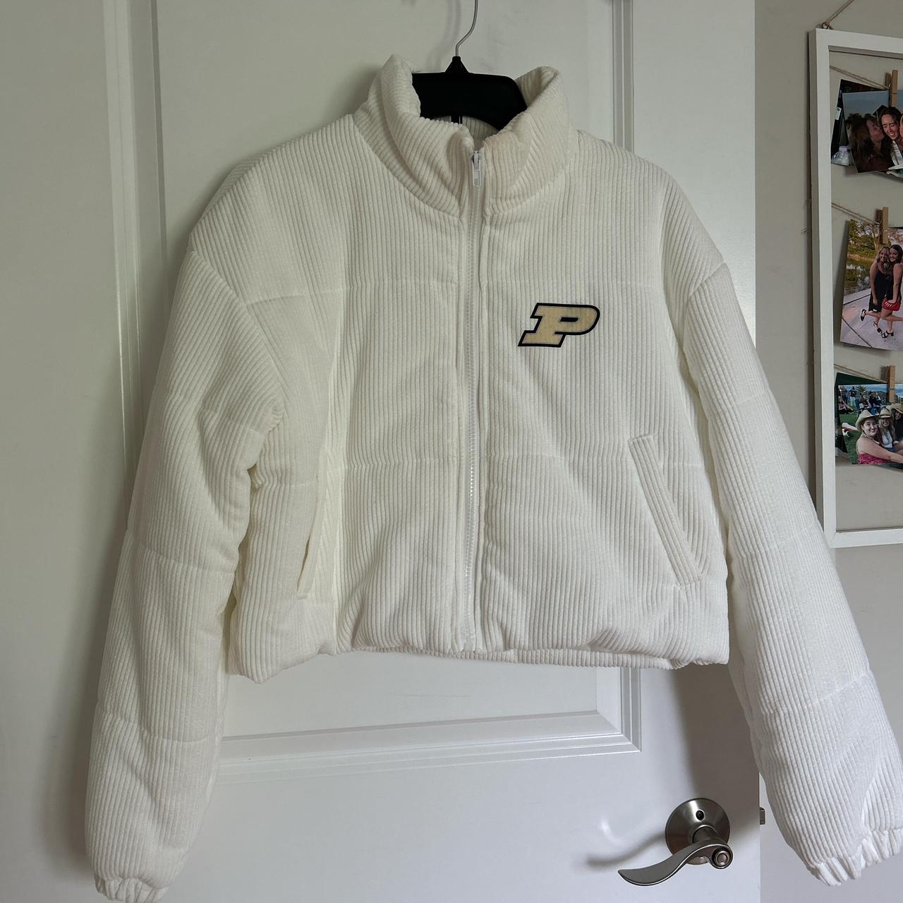 White corduroy Purdue University puffer jacket -no... | Depop