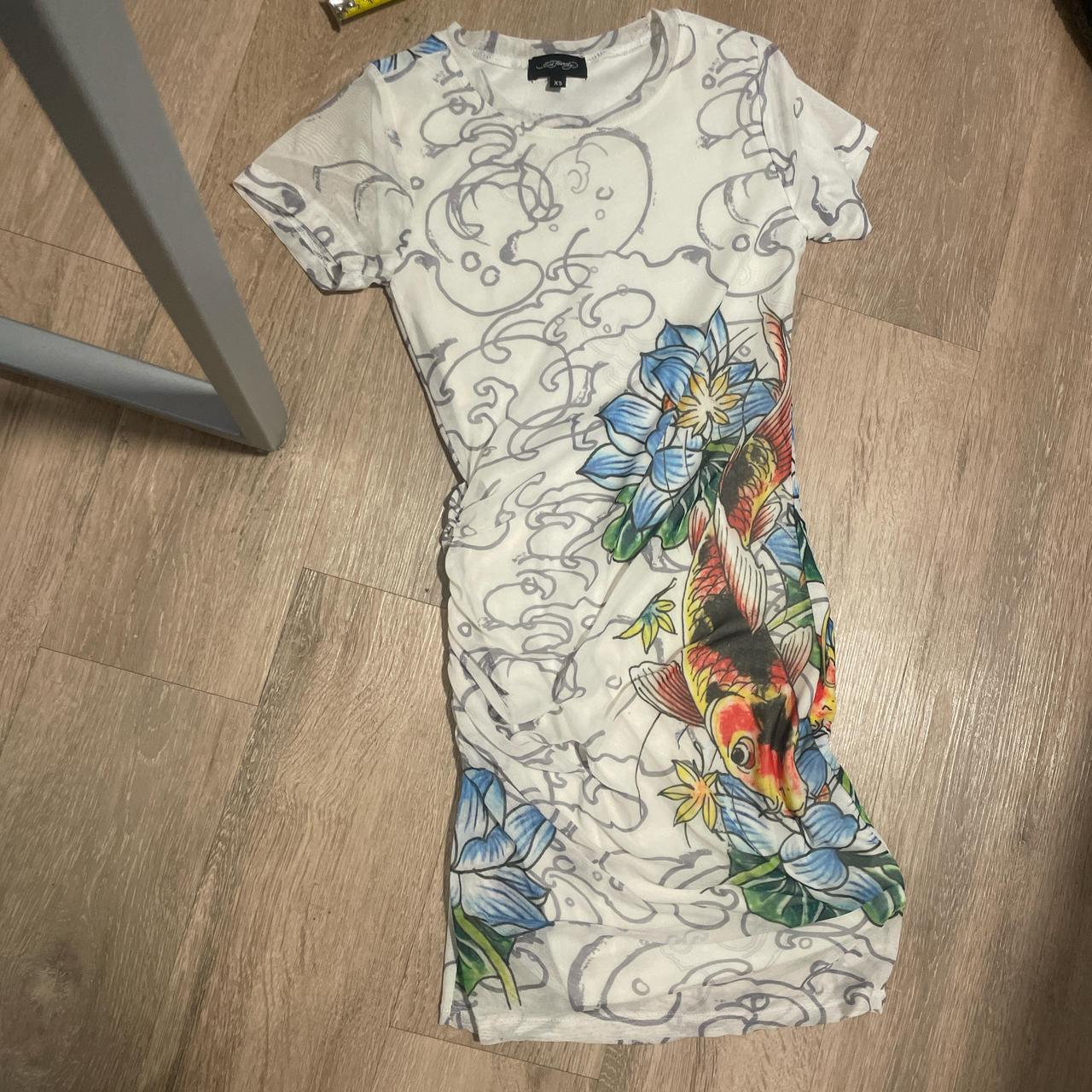 White and blue Koi fish ed hardy print dress y2k... | Depop