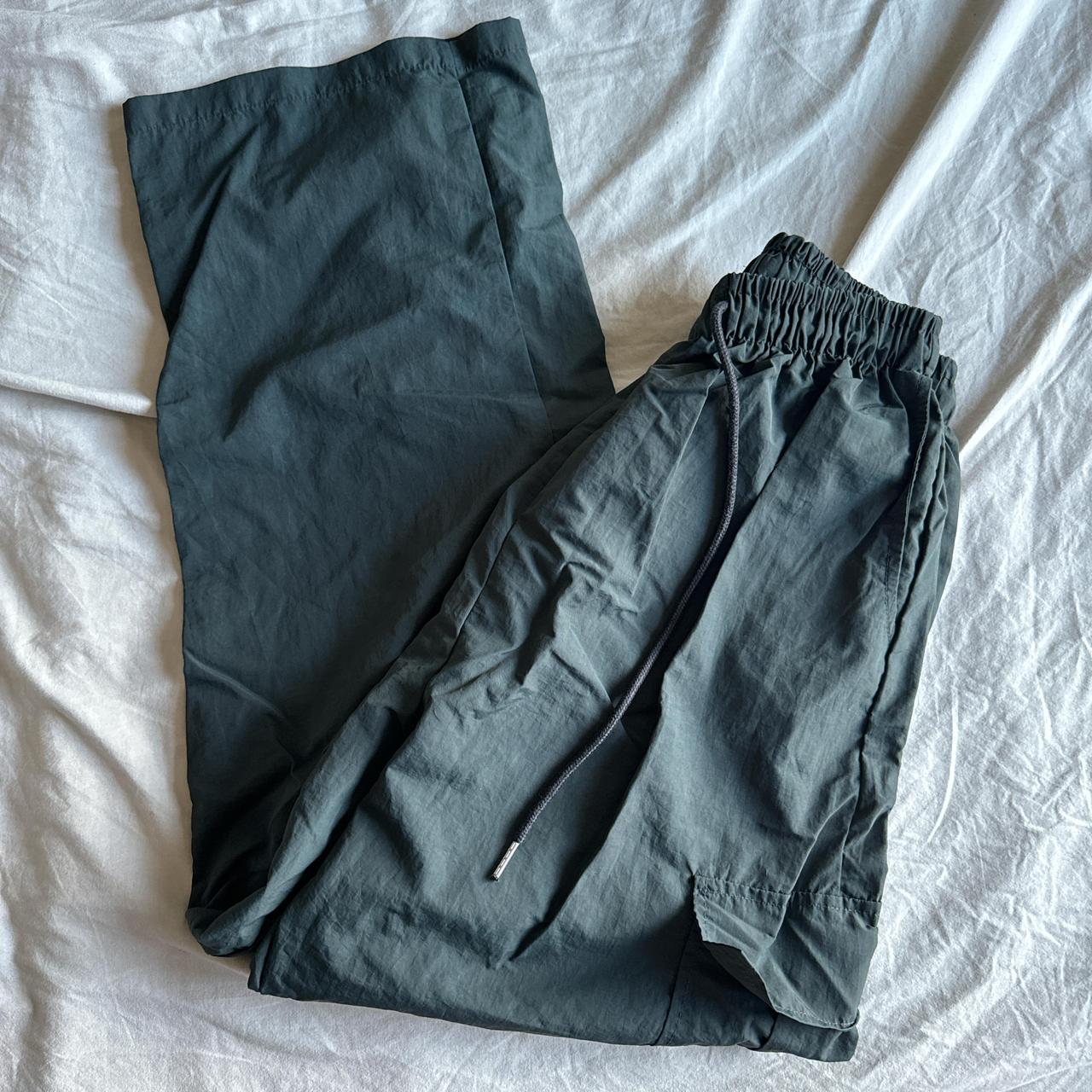 Korean drawstring nylon cargo in dark green... - Depop