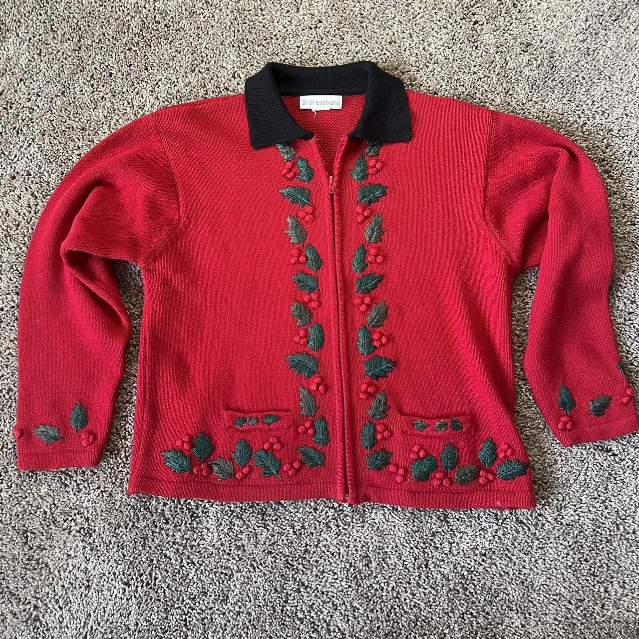 🎄 Red and green vintage 90s zip-up sweater with... - Depop