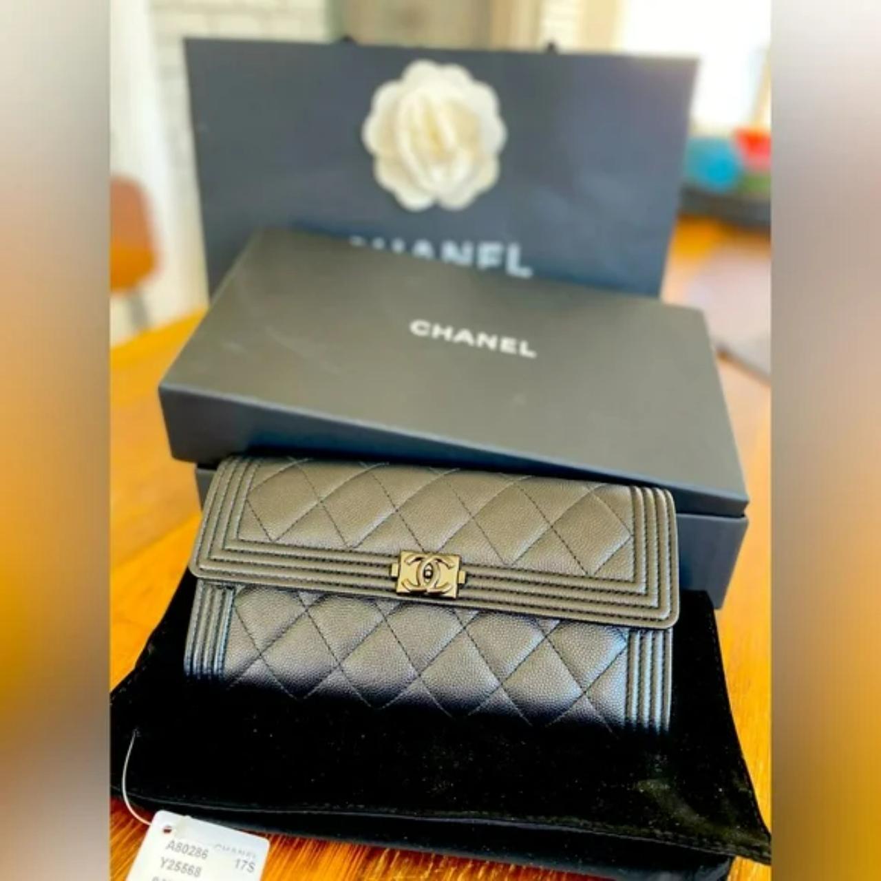 NWT Chanel boy checkbook wallet black with ruthenium... - Depop
