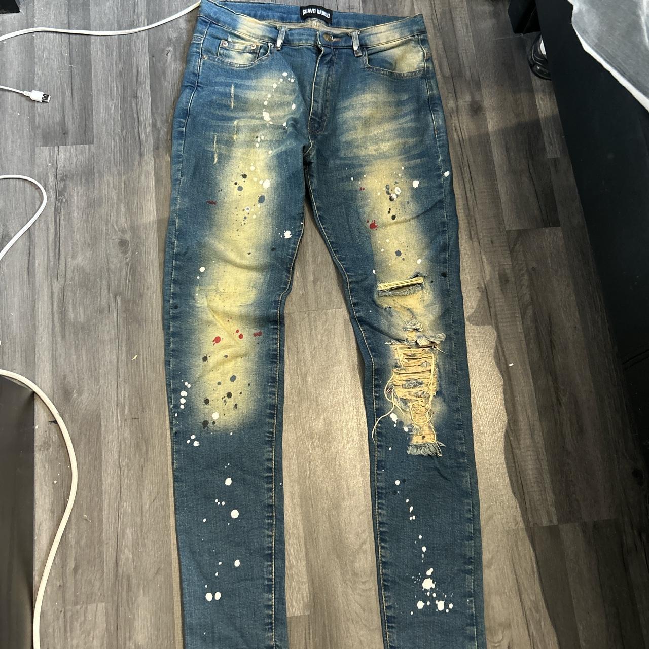 Men’s Suavo world pilot denim slim paint splattered... - Depop