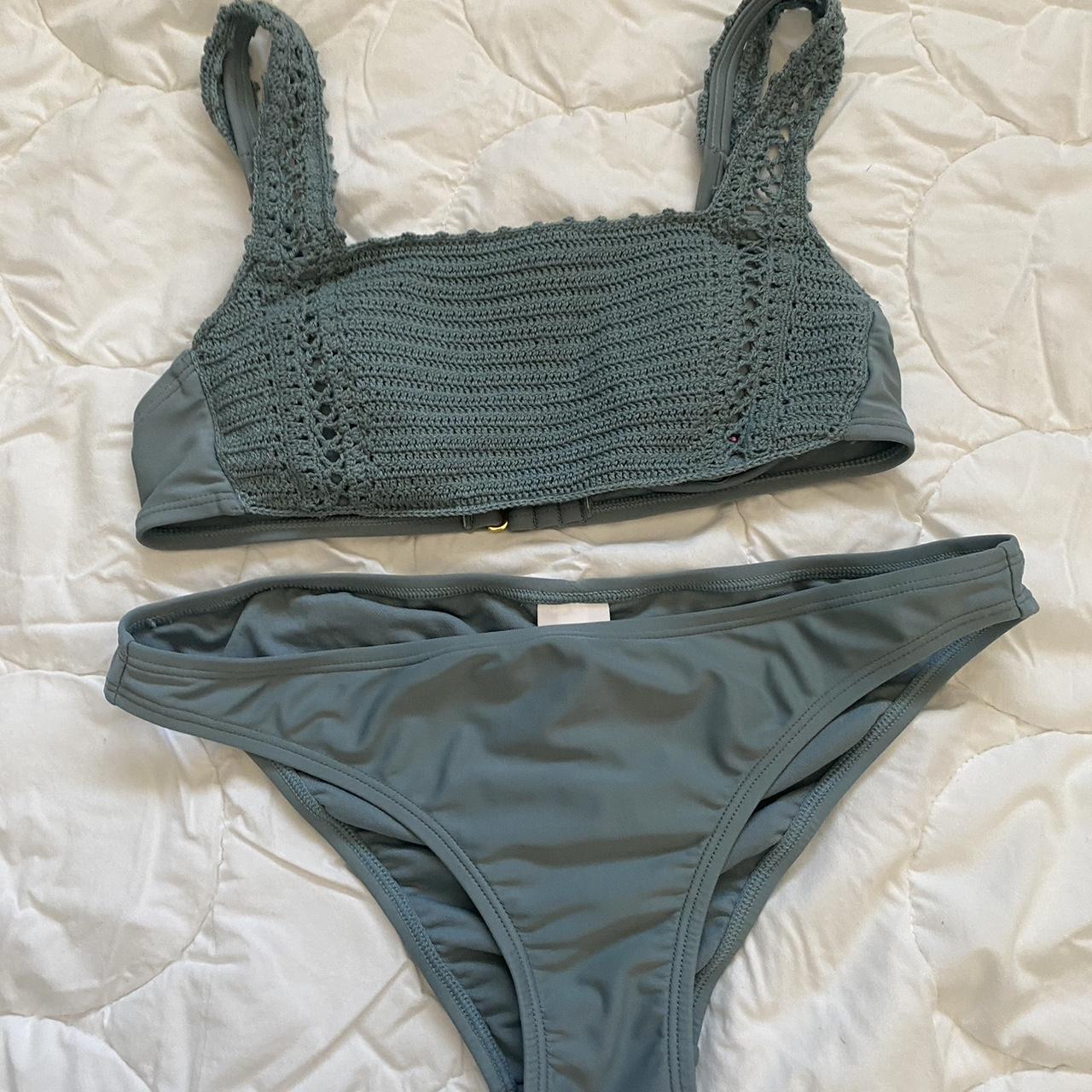 Blue green crochet swimming top and a low rise... - Depop