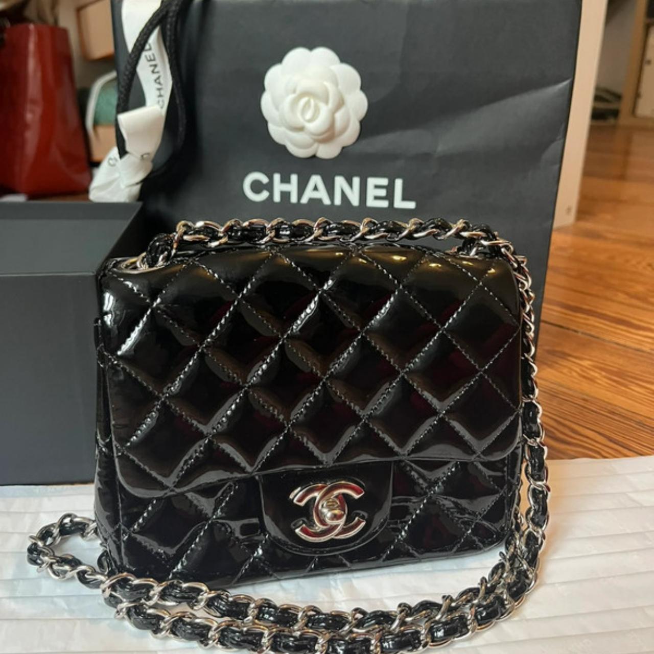 Chanel classique mini bag in black patent... - Depop