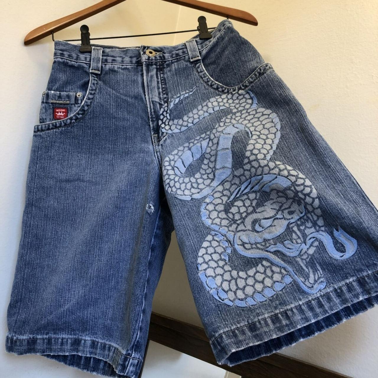 JNCO jeans 28 Python Snake Jorts Blue Embroidered... - Depop