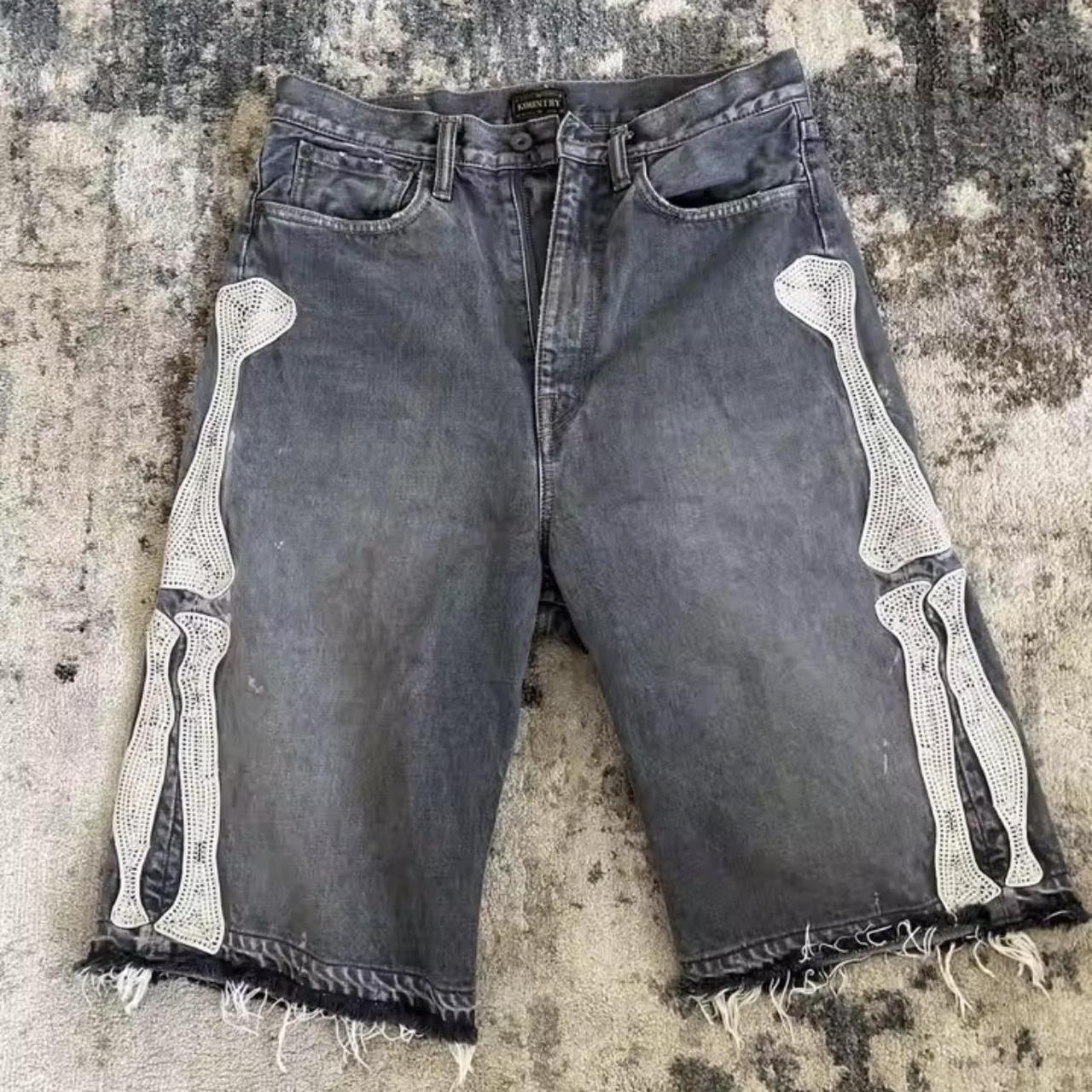 Y2K Rhinestone Bone Design Jorts, Distressed Grey, I... | Depop