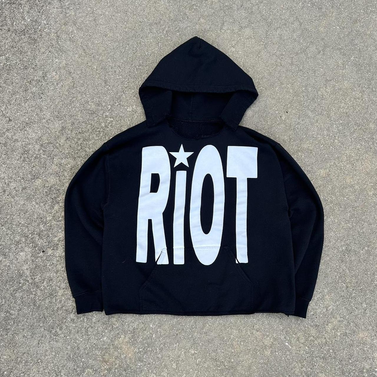 Black Boxy cropped “Riot” opium style hoodie with... - Depop