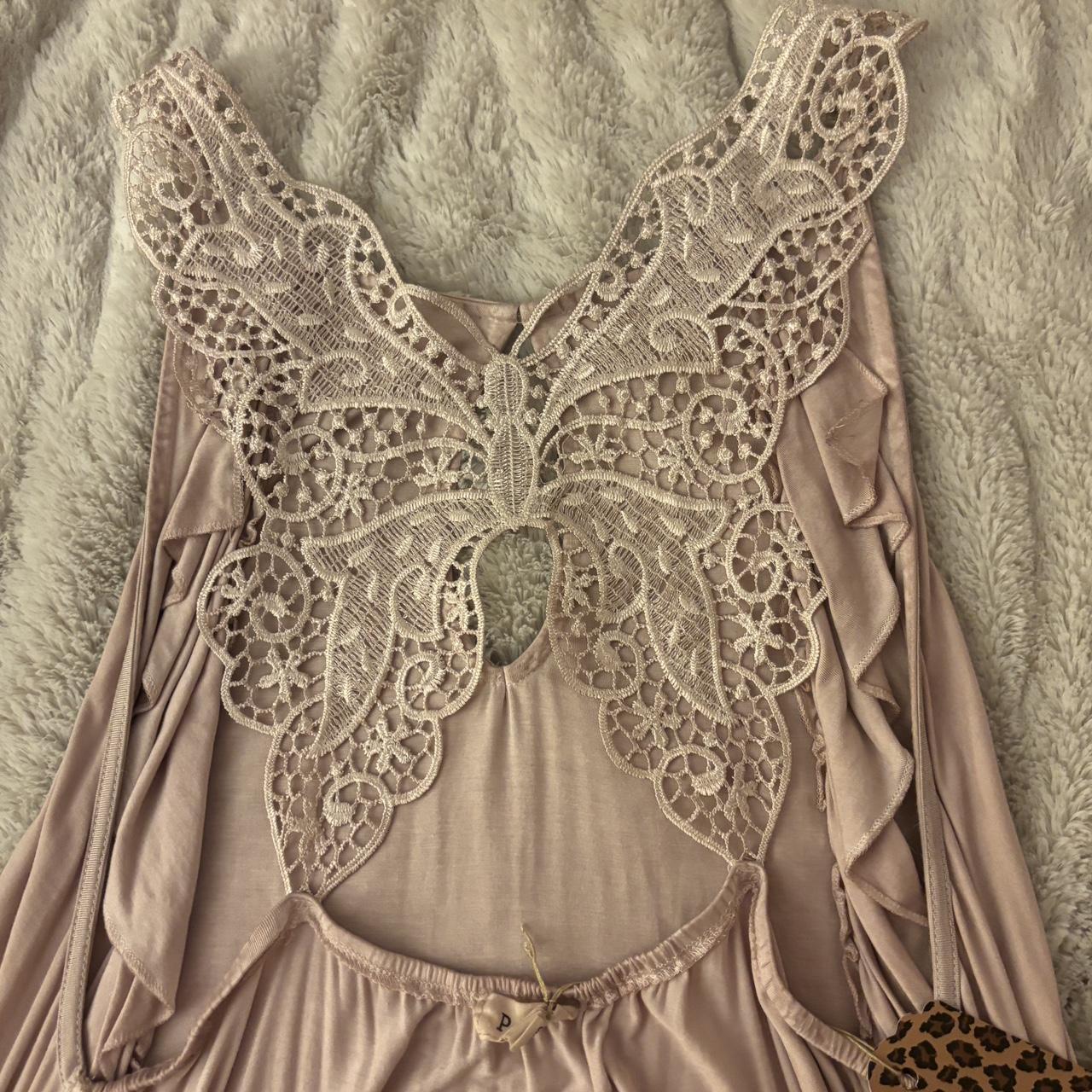 Pink lace butterfly back dress with open back and... | Depop