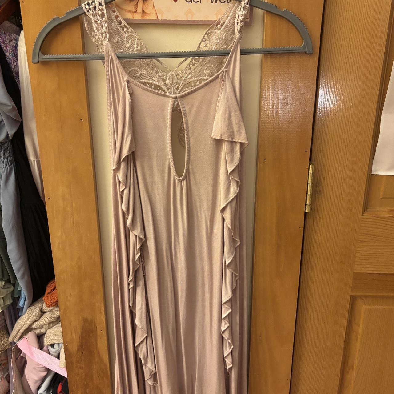 Pink lace butterfly back dress with open back and... | Depop