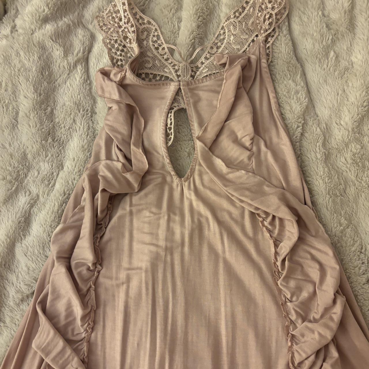 Pink lace butterfly back dress with open back and... | Depop