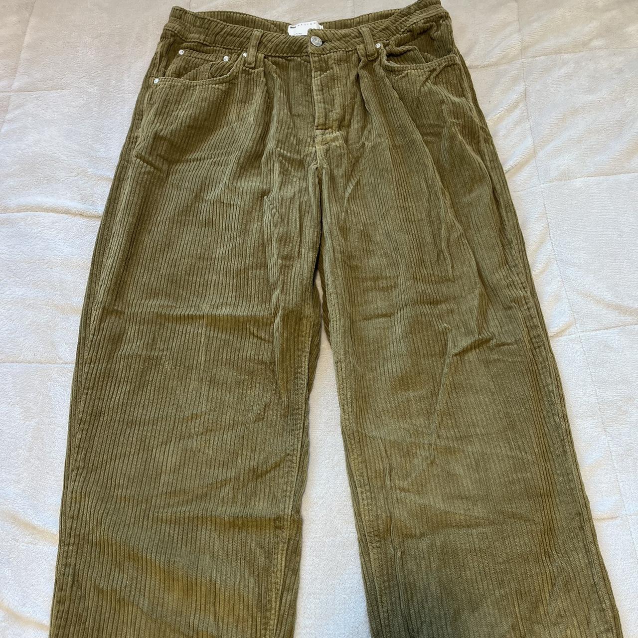 Pleated corduroy wide leg pants in olive green Fits... - Depop