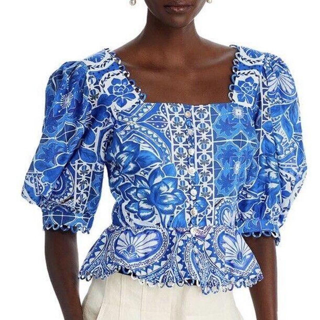 Farm Rio NWT $170 Tile Dream Top Blue Blouse... - Depop