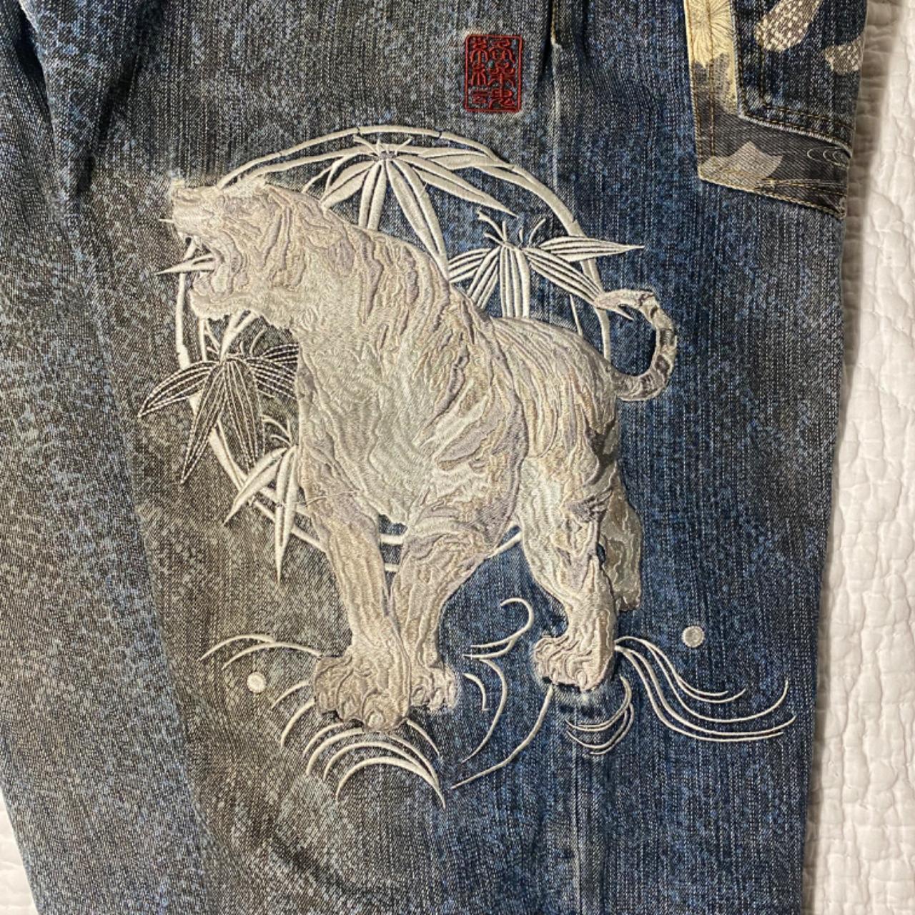 Karakuri Tamashii Japanese denim jeans - embroidery... | Depop