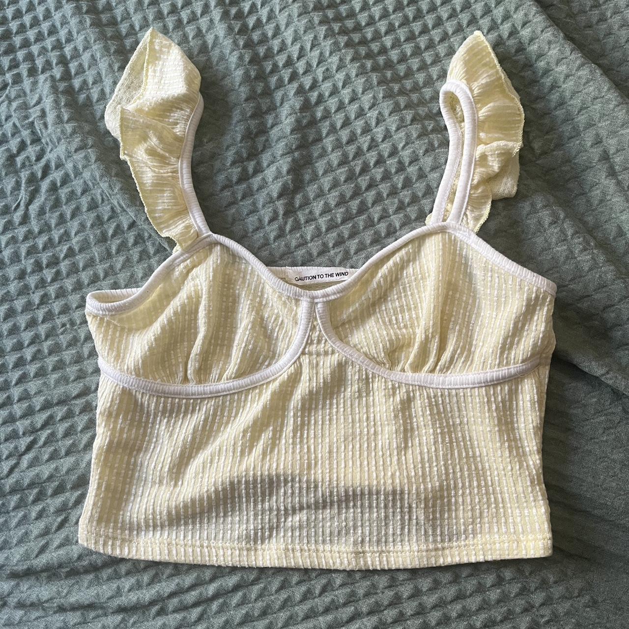 Yellow flowy strap crop top from Caution To The Wind - Depop