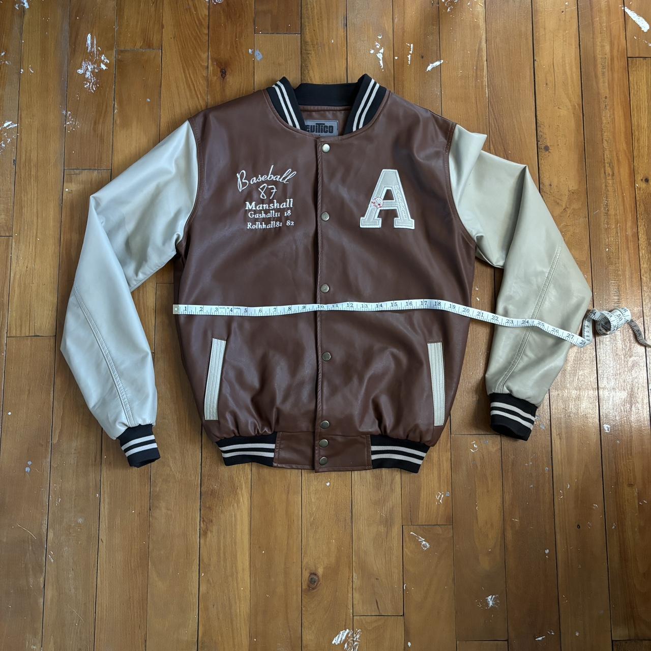 Brown and cream leather varsity jacket #varsityjacket - Depop