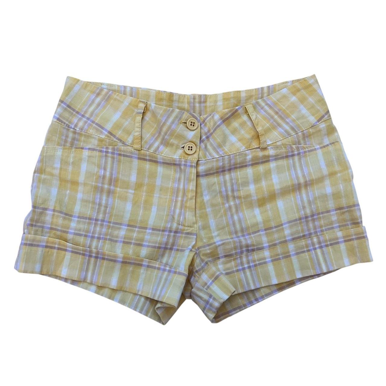 Yellow low rise y2k plaid button-up shorts. Size... | Depop