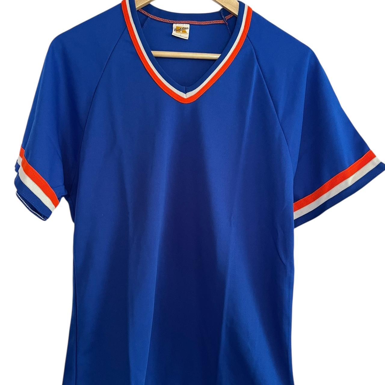 Blue, orange, and white vintage 70s Russel gold tag... | Depop