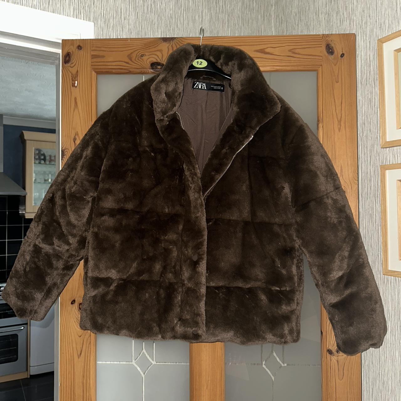 Zara chocolate brown fur puffer coat Excellent... - Depop