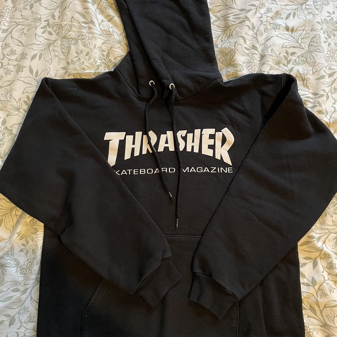 Black Trasher hoodie Worn quite a lot but still got... - Depop