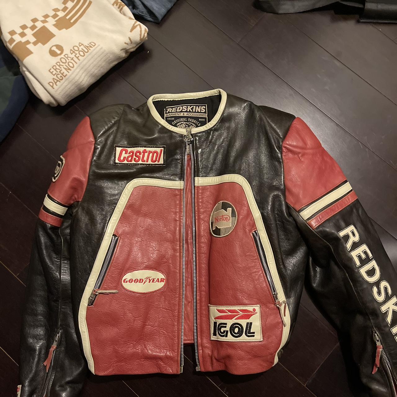 Large redskins leather patch jacket, the main zipper... - Depop