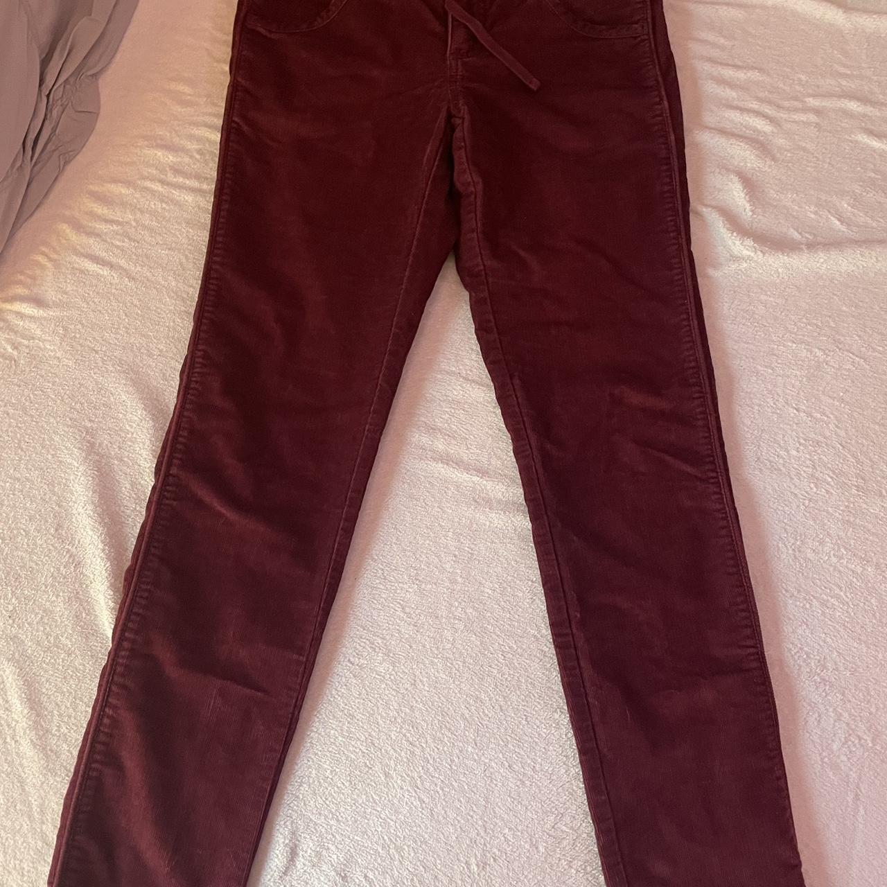low waisted maroon corduroy skinny jeans size 2... - Depop