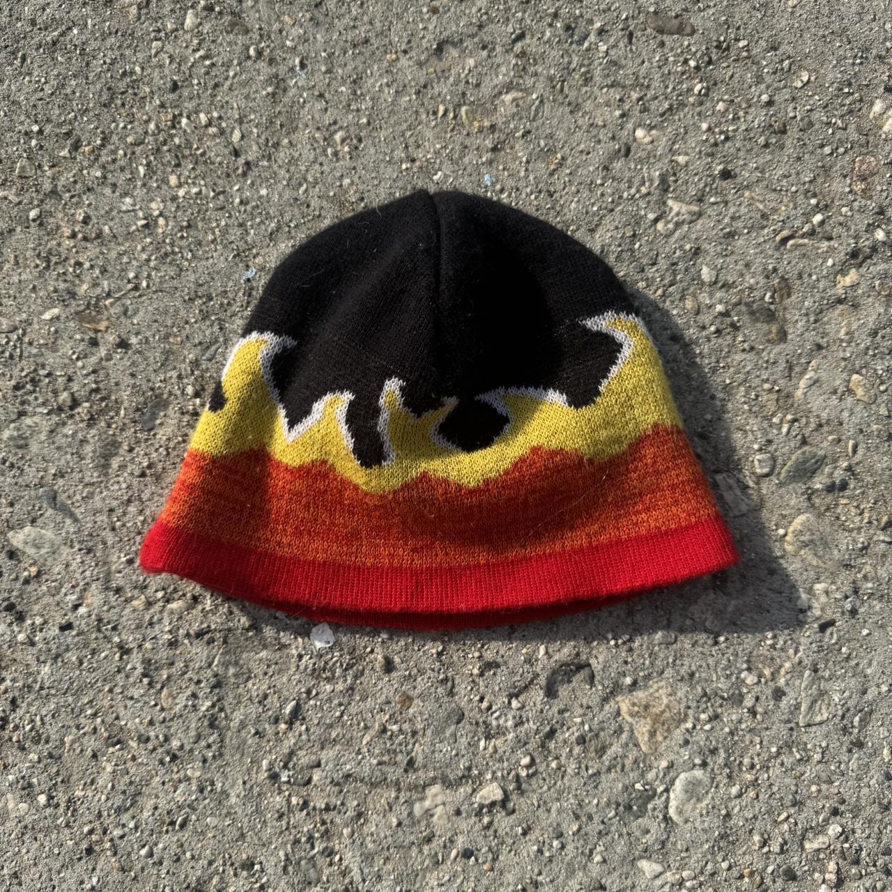 Black and Red Fire Beanie - Depop