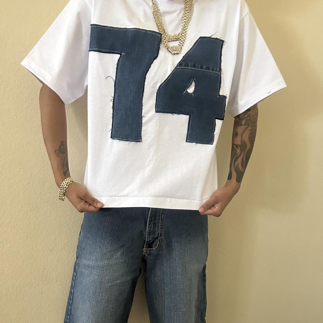 White Heavyweight Boxy Tee Cut & Sewn Denim Patches... - Depop