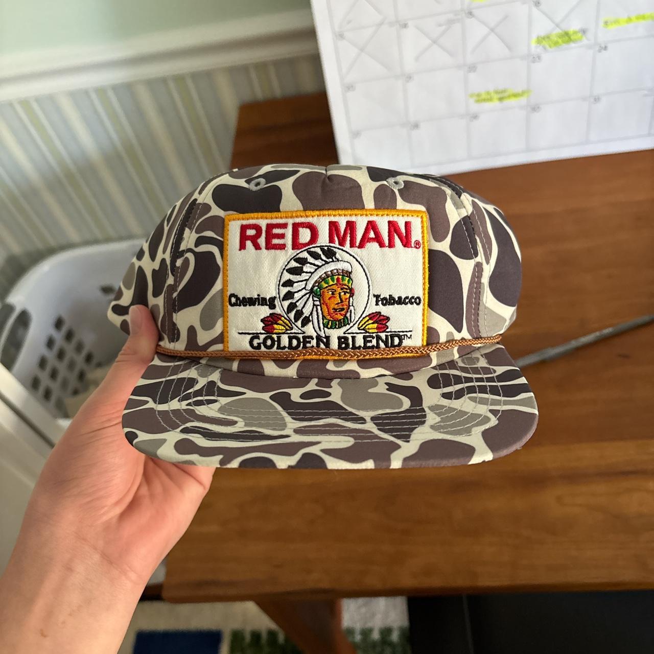 Red Man Golden Blend camo snapback hat - Depop