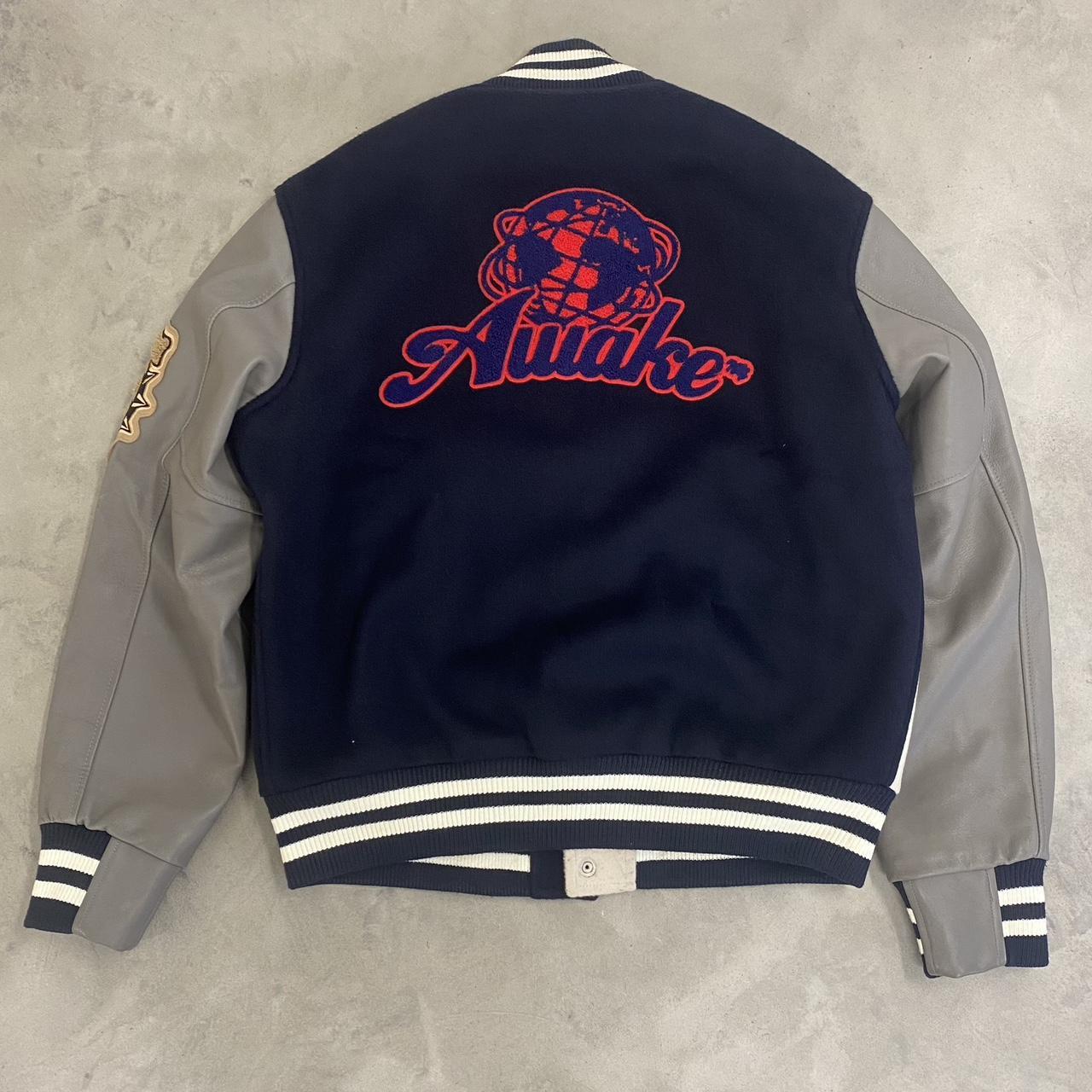 AWAKE NY Varsity Jacket White and Navy Suede Grey... - Depop