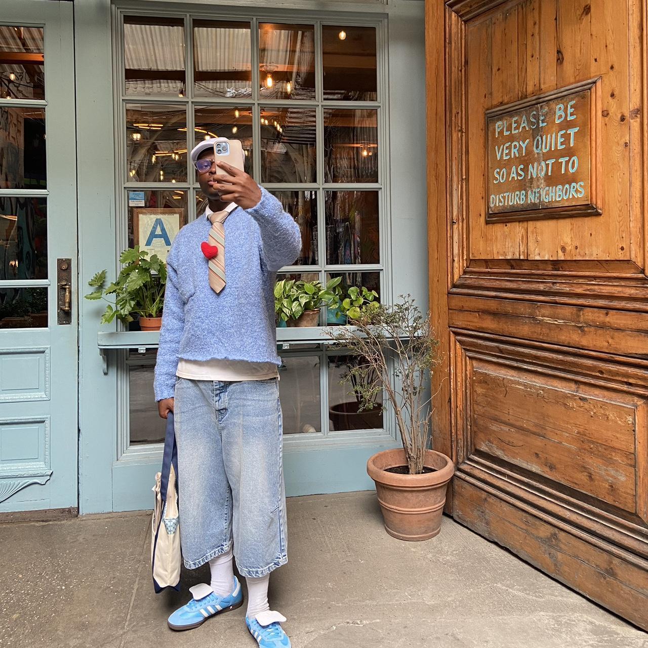 A oversized elfric Eden cropped blue and navy knit... - Depop