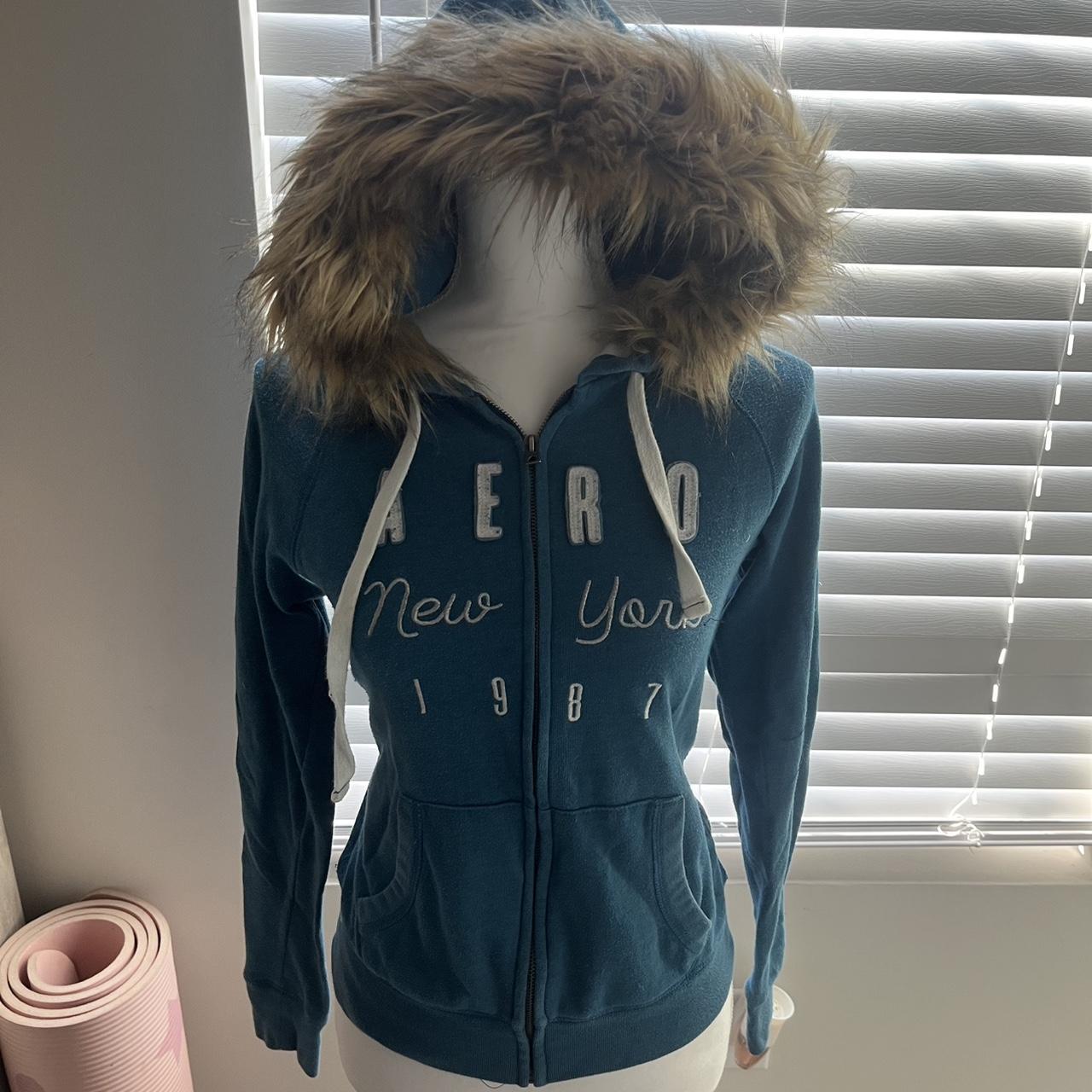 Blue Aeropostale zip up hoodie with fur trim... | Depop