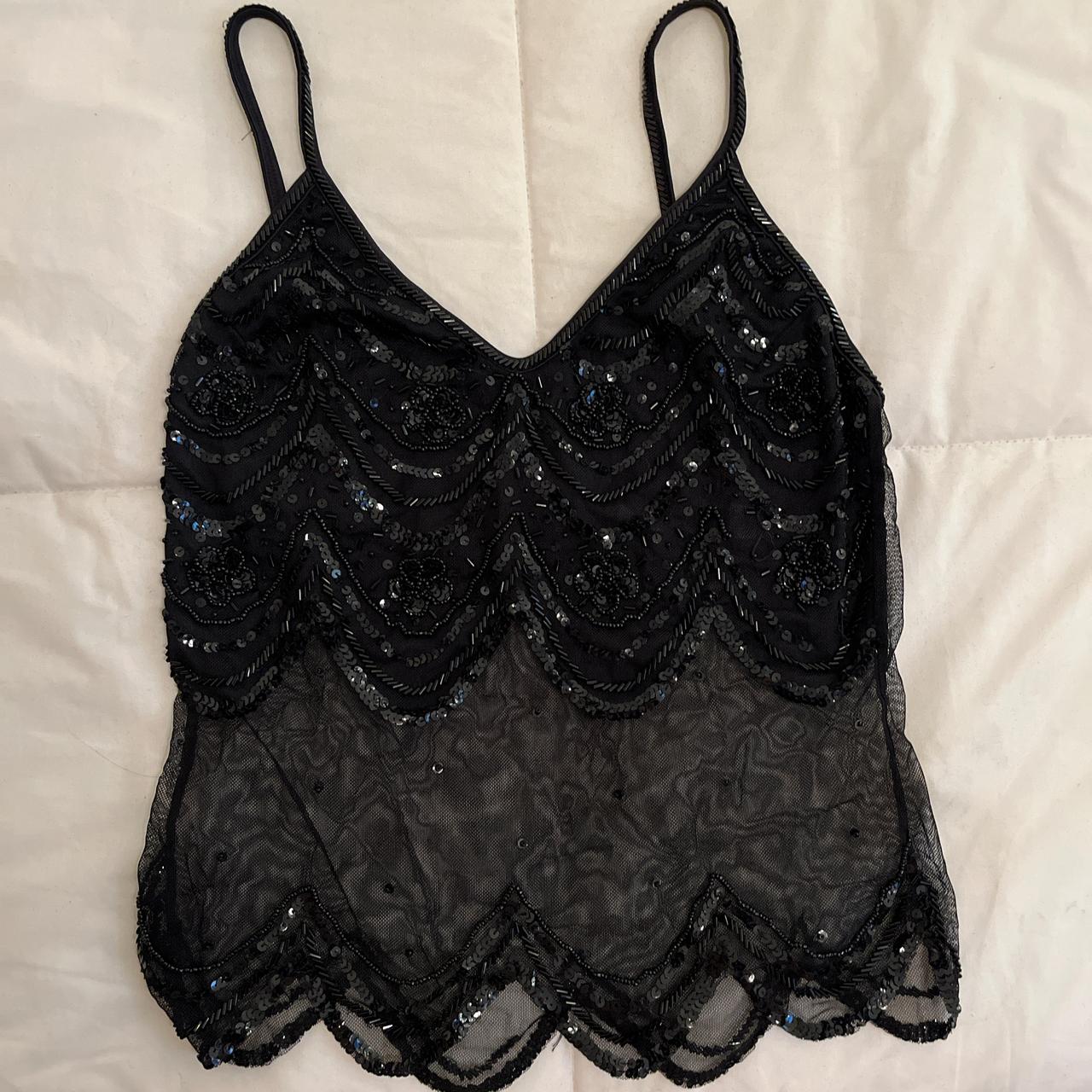 BEBE Top -Black beaded -Mesh Sheer top -Small #BEBE... - Depop