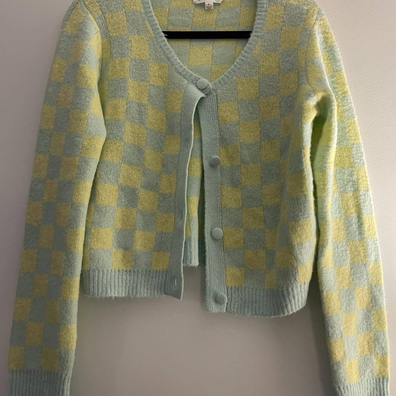 Aqua and Lime Checkered Cardigan Brand new never... - Depop