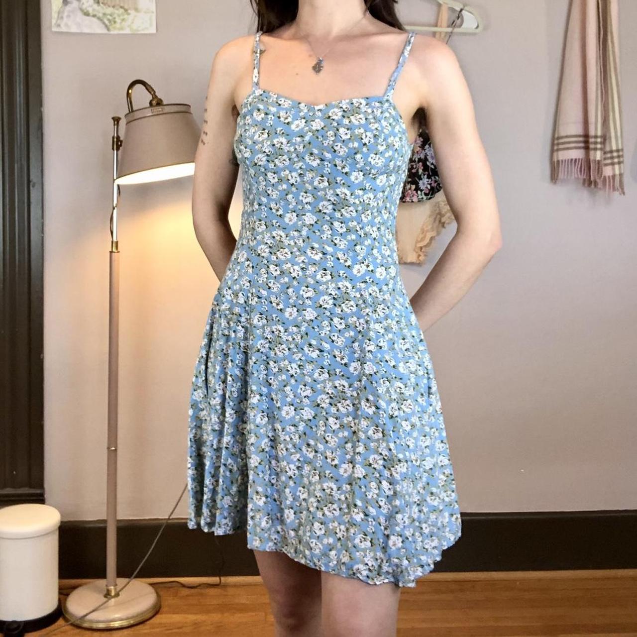 Vintage blue sundress with white flowers Knee length... - Depop