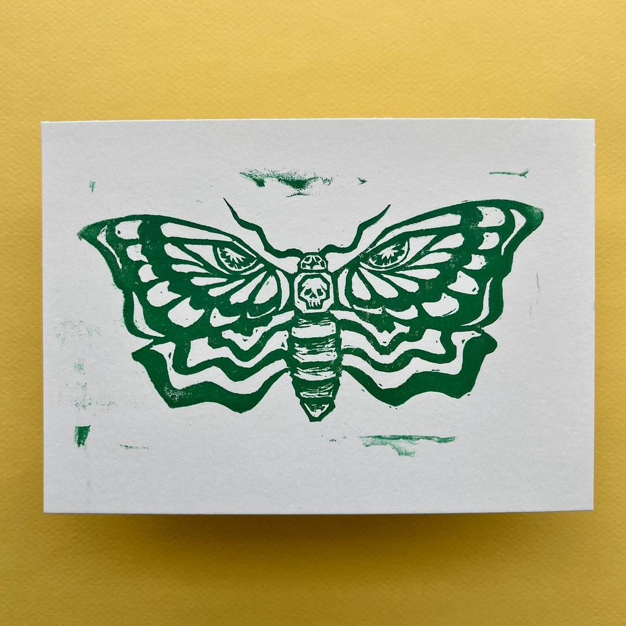 Green Skull Moth Linocut print // slight variation... - Depop