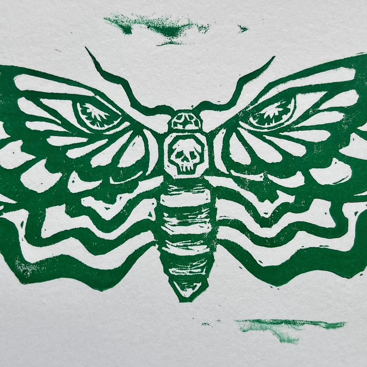 Green Skull Moth Linocut print // slight variation... - Depop