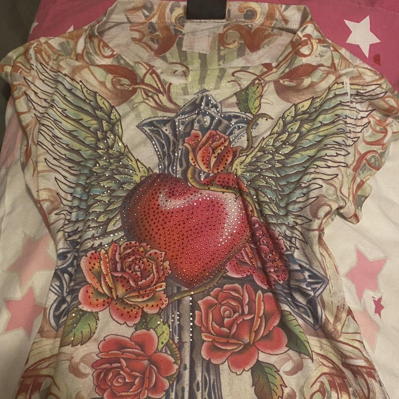 ⋆౨ৎ˚ ˖ ࣪ Cutesy heart cross blingy top Super cute... - Depop