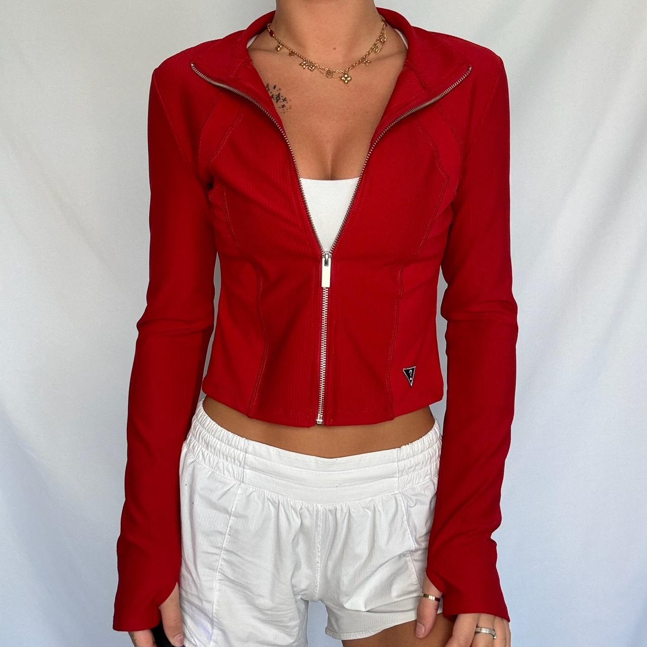 Guess red long sleeve athletic zip up jacket never... - Depop